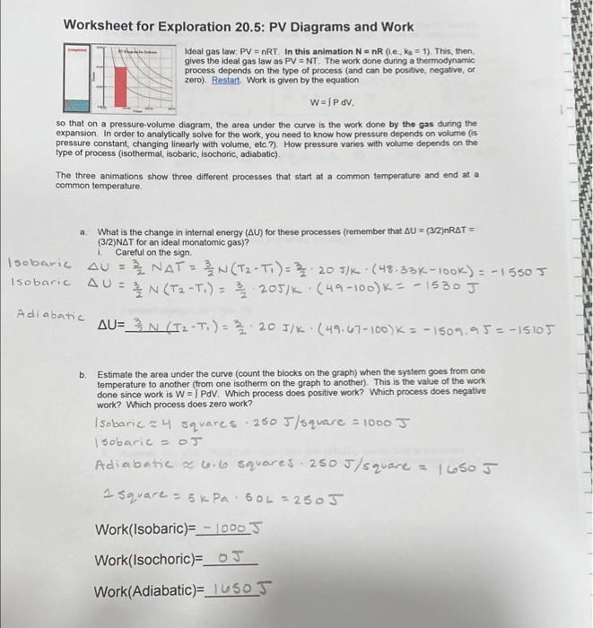 Worksheet for Exploration 20.5: PV Diagrams and Work | Chegg.com