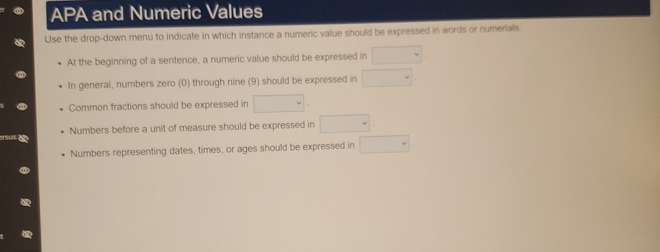Solved APA and Numeric ValuesUse the drop-down menu to | Chegg.com