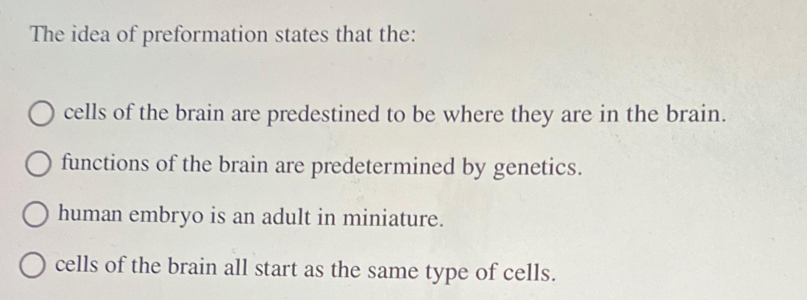 Solved The idea of preformation states that the:cells of the | Chegg.com