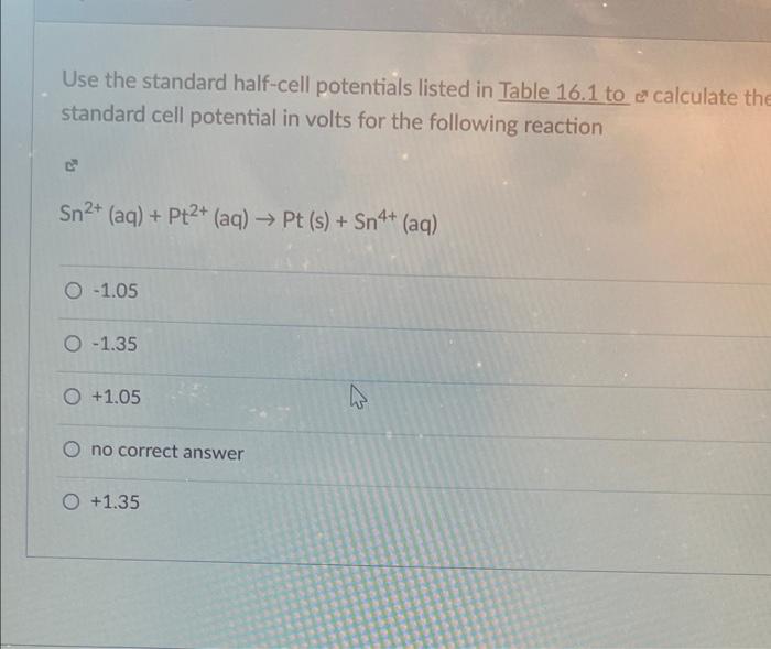 Solved Use the standard half-cell potentials listed in Table | Chegg.com