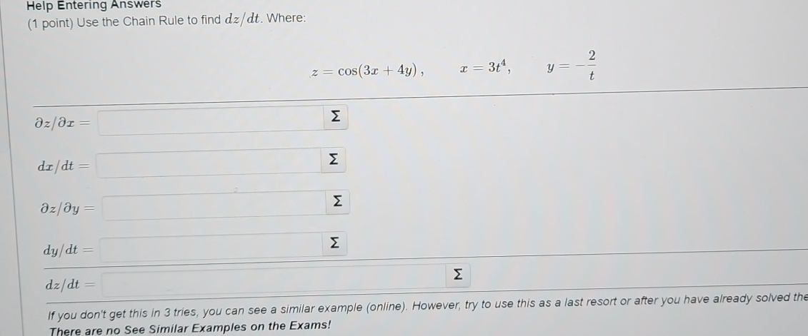 Solved Help Entering Answers(1 ﻿point) ﻿Use the Chain Rule | Chegg.com