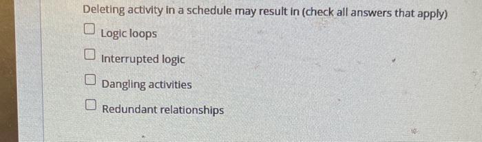 Solved Deleting activity in a schedule may result in (check | Chegg.com