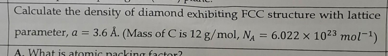 Solved Calculate the density of diamond exhibiting FCC | Chegg.com