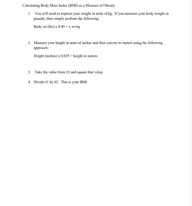 Solved Calculating Body Mass Index (BMI) as a Measure of | Chegg.com