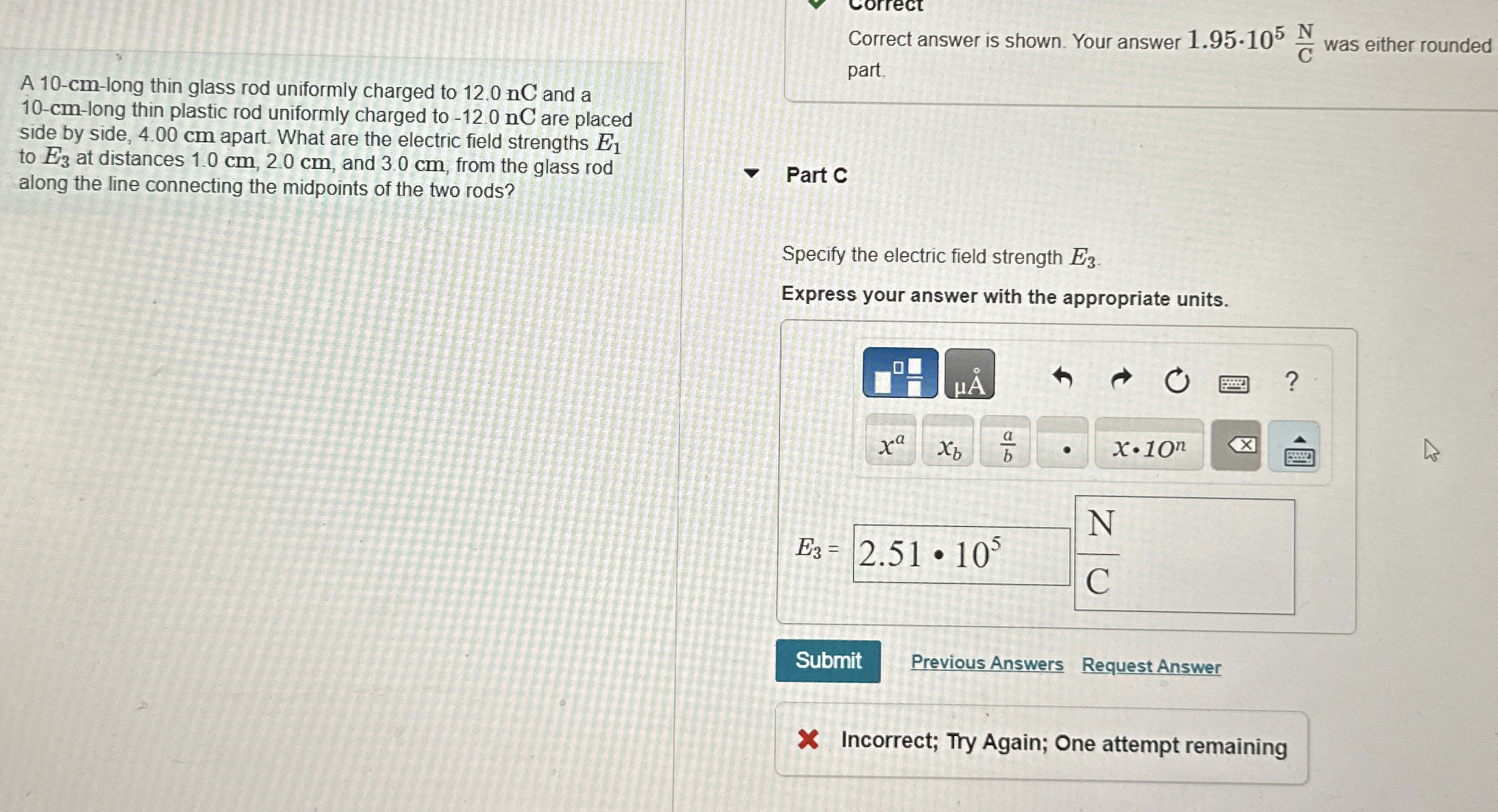 A 10-cm-long thin glass rod uniformly charged to 12.0 | Chegg.com