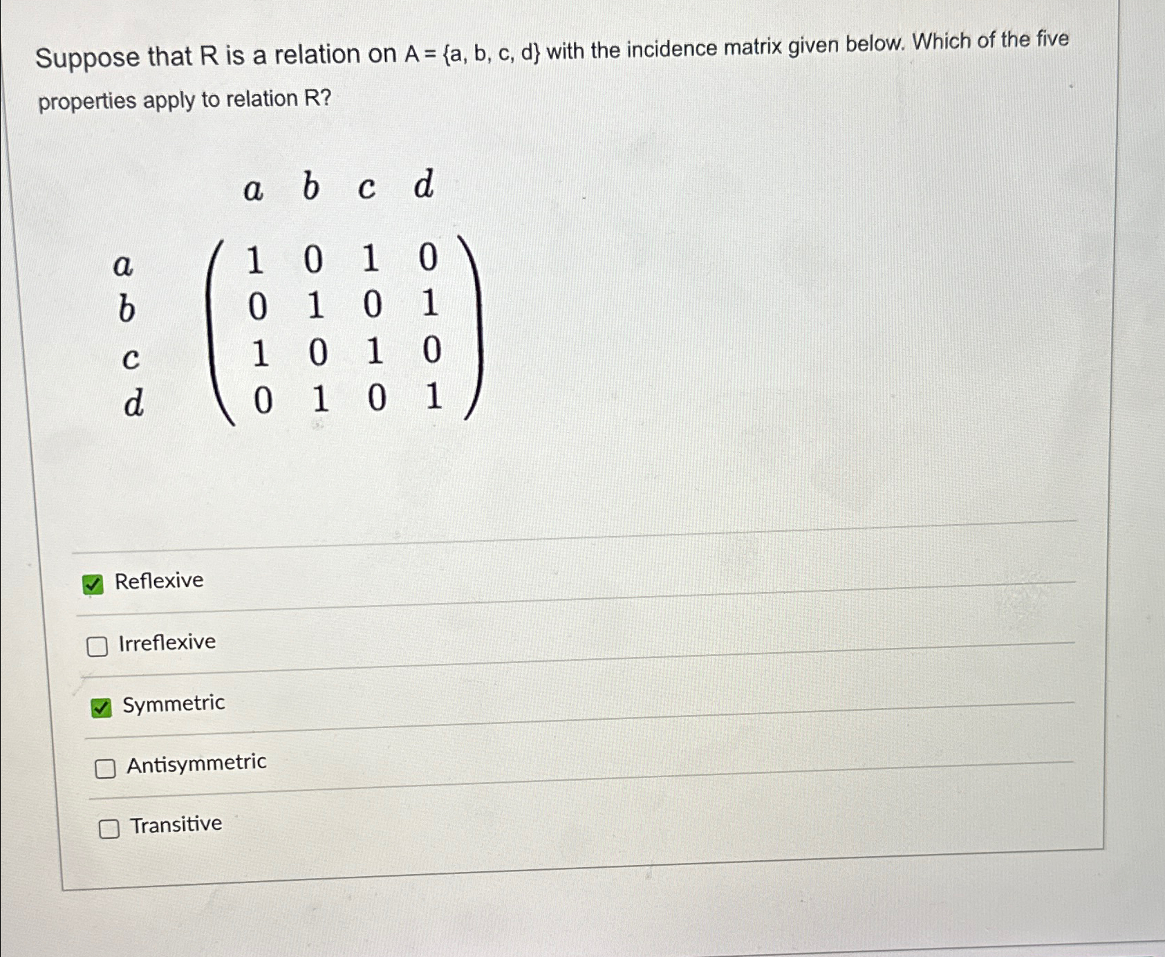 Solved Suppose that R ﻿is a relation on A={a,b,c,d} ﻿with | Chegg.com