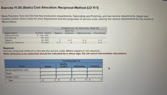 Solved Exercise 11-30 (Static) Cost Allocation: Reciprocal | Chegg.com