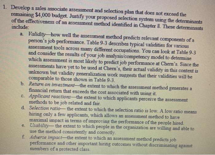 1. Develop a sales associate assessment and selection | Chegg.com