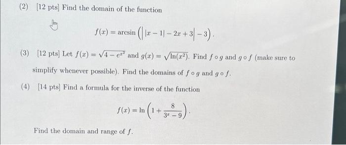 Solved (2) [12 pts] Find the domain of the function (x-1|-2x | Chegg.com