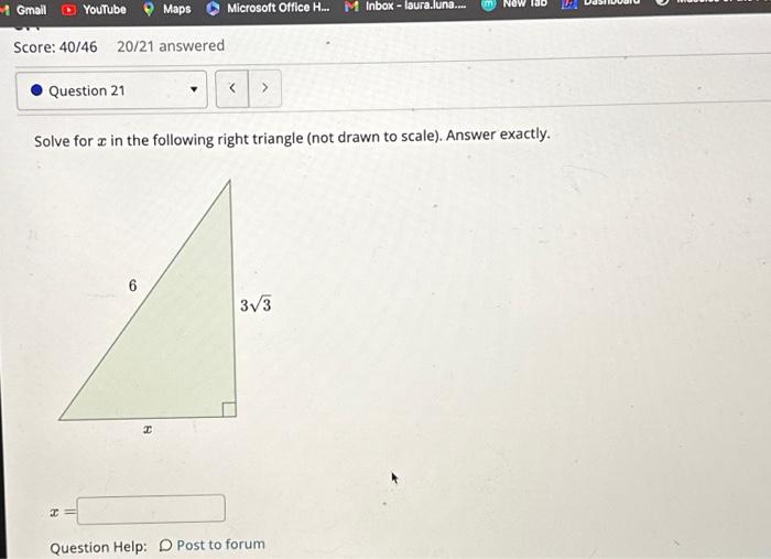 Solved Gmail YouTube Score: 40/46 20/21 answered Question 21 | Chegg.com