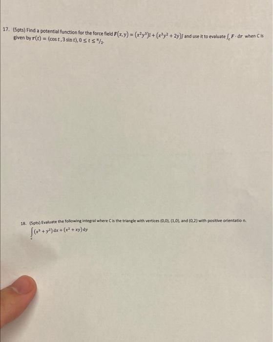 Solved 17. (5pts) Find a potential function for the force | Chegg.com