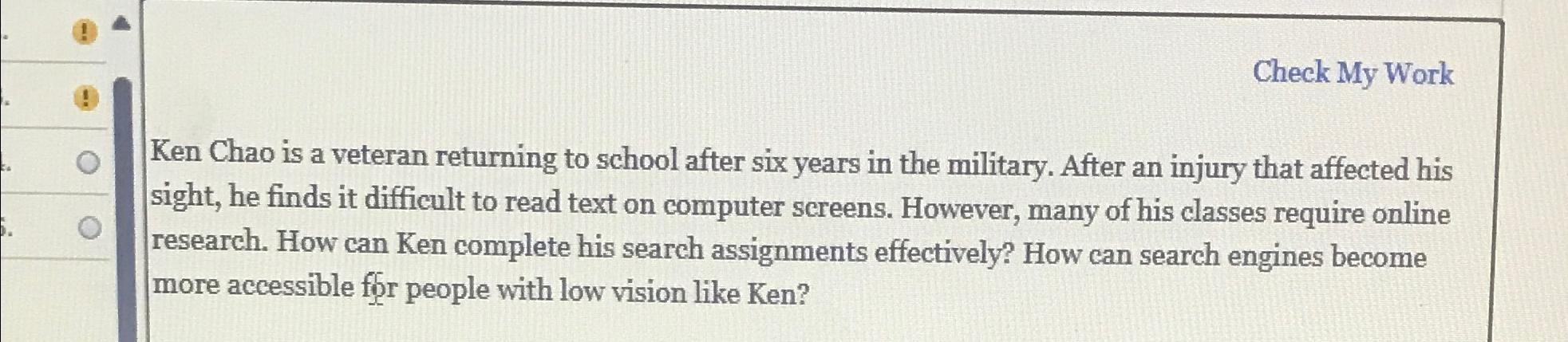 Solved Check My WorkKen Chao is a veteran returning to | Chegg.com