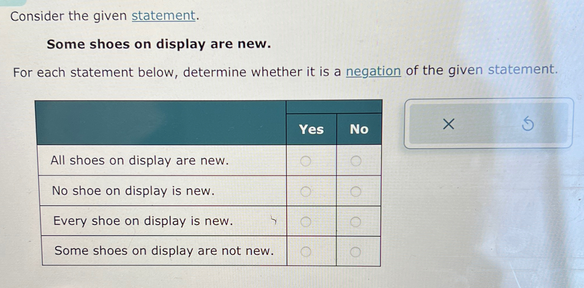 Solved Consider the given statement.Some shoes on display | Chegg.com