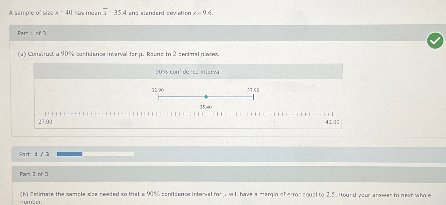 Solved A sample of size n=40 ﻿has mean x‾=35.4 ﻿and standard | Chegg.com