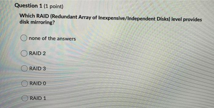 Solved Question 1 (1 point) Which RAID (Redundant Array of | Chegg.com
