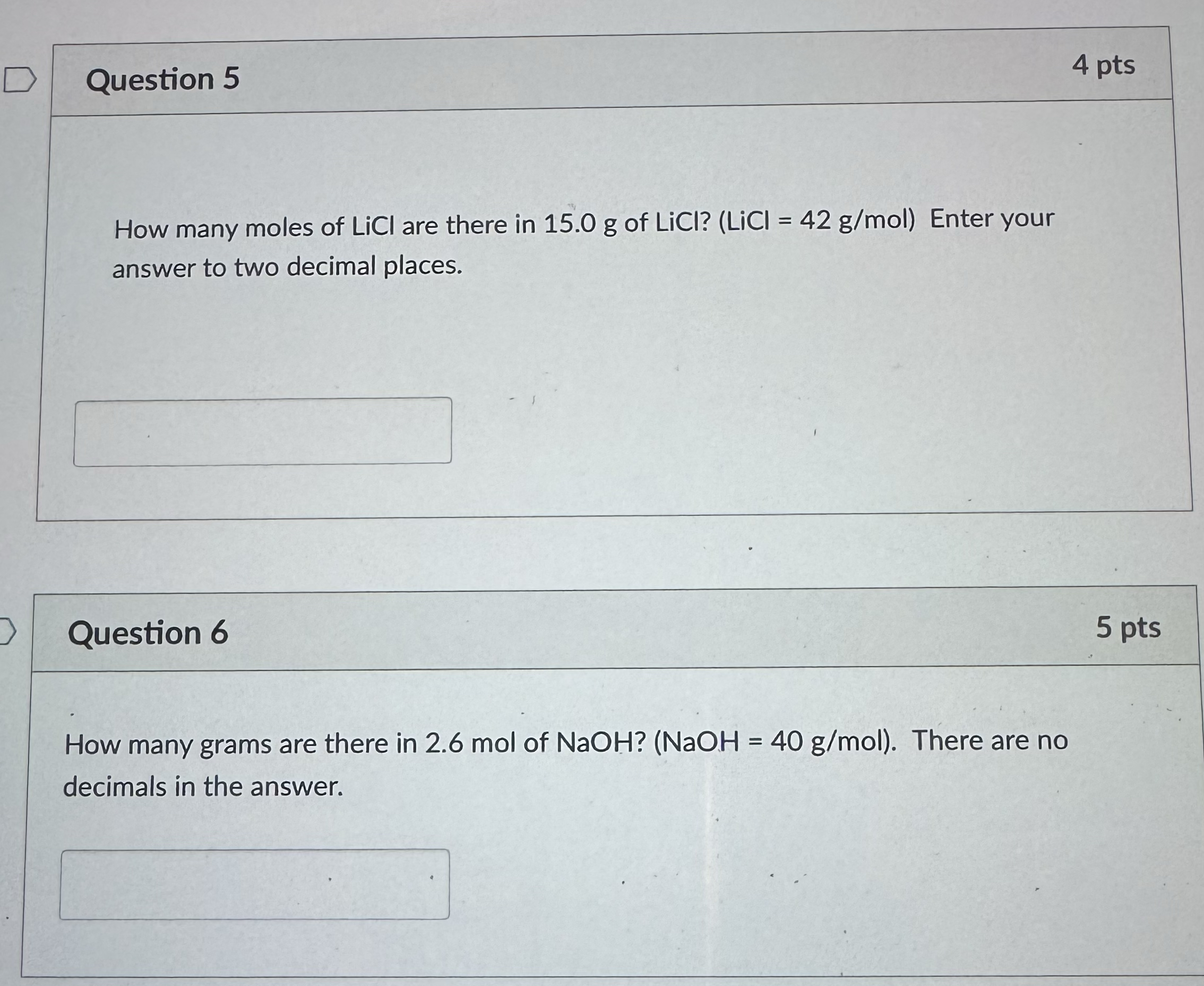 Solved Question 54 ﻿ptsHow many moles of LiCl are there in | Chegg.com