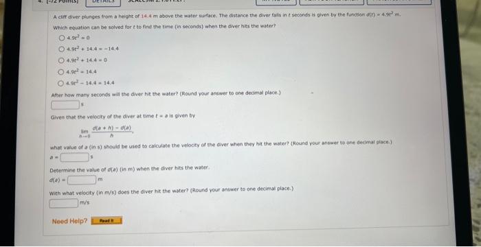Solved A elif diver plunges trom a height of 14.4mr above | Chegg.com