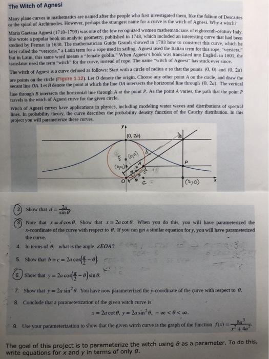 Solved The Witch of Agnesi Many plane curves in mathematics | Chegg.com