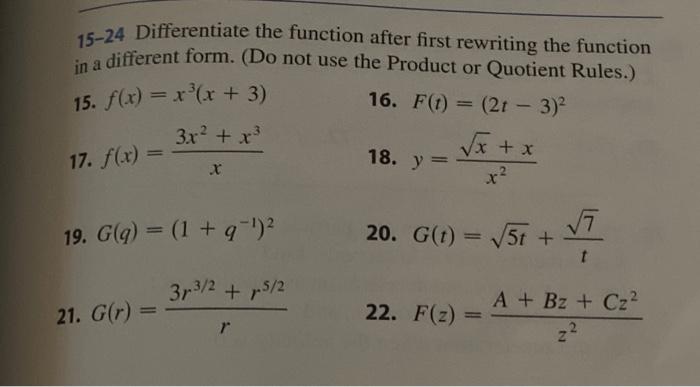 Solved in a 15. f(x) = x (x + 3) 15-24 Differentiate the | Chegg.com