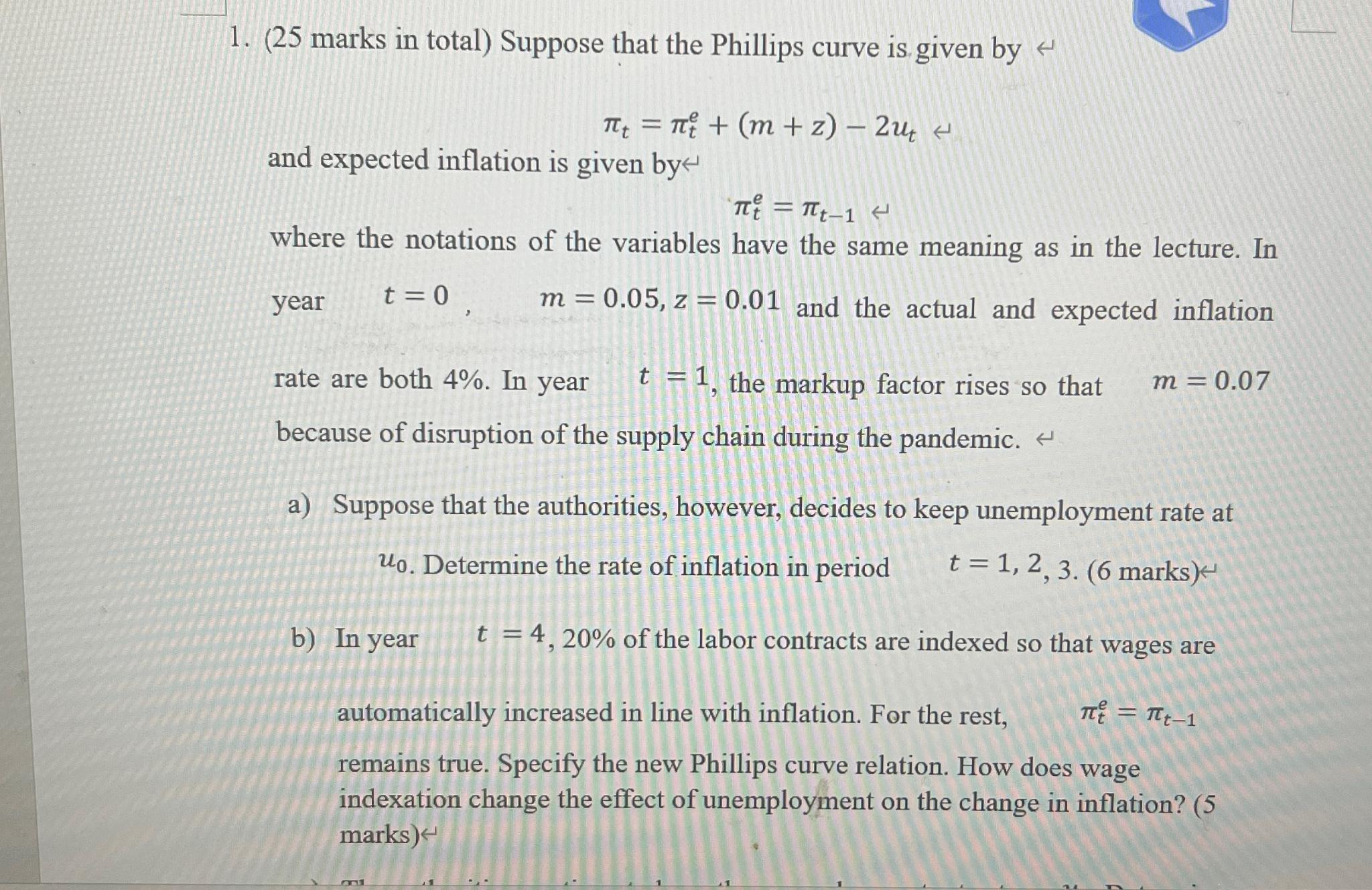 Solved (25 ﻿marks in total) ﻿Suppose that the Phillips curve | Chegg.com