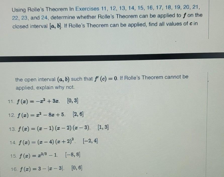 Solved Using Rolle's Theorem In Exercises 11, 12, 13, 14, | Chegg.com