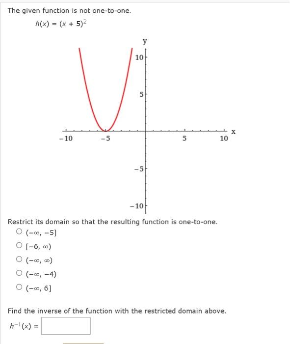 Solved The given function is not one-to-one. h(x)=(x+5)2 | Chegg.com