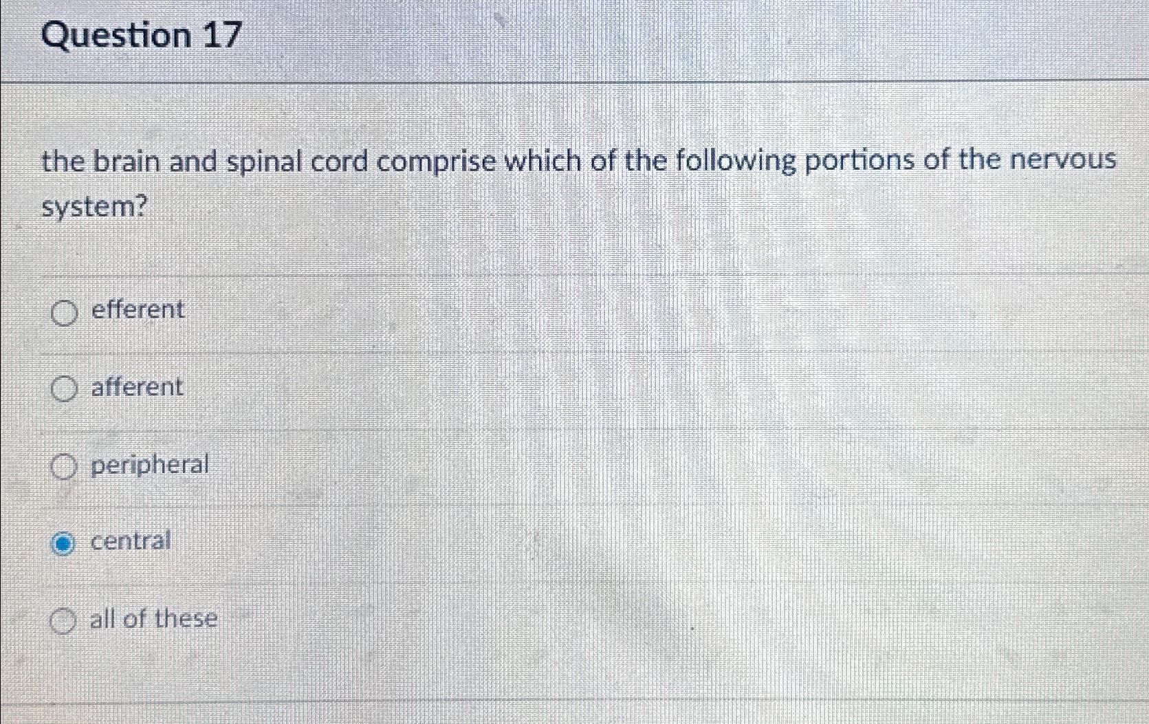 Solved Question 17the brain and spinal cord comprise which | Chegg.com