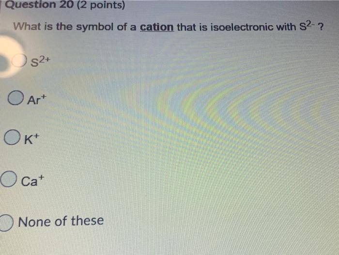 Solved Question 20 (2 points) What is the symbol of a cation | Chegg.com
