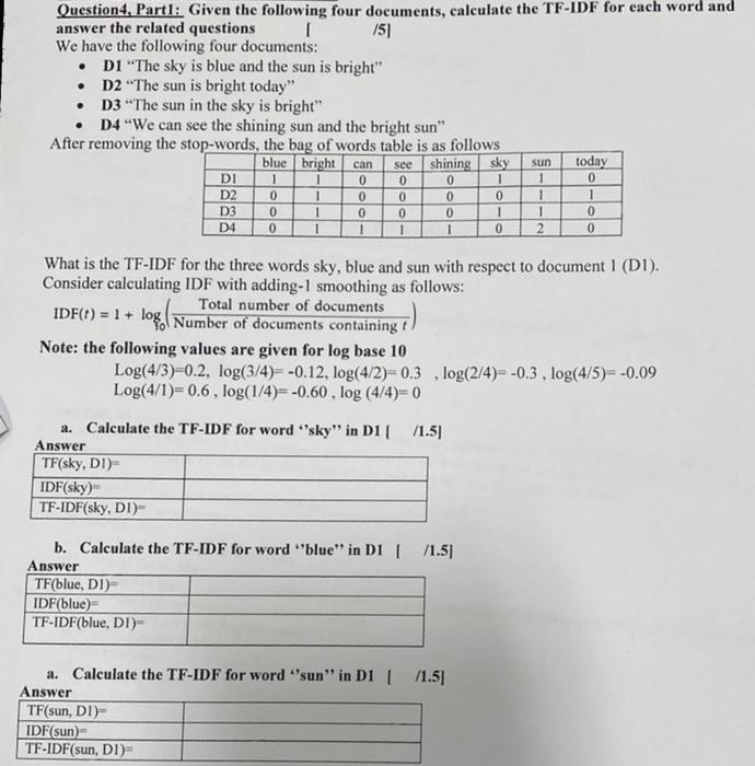 Solved Question4, Part1: Given the following four documents, | Chegg.com