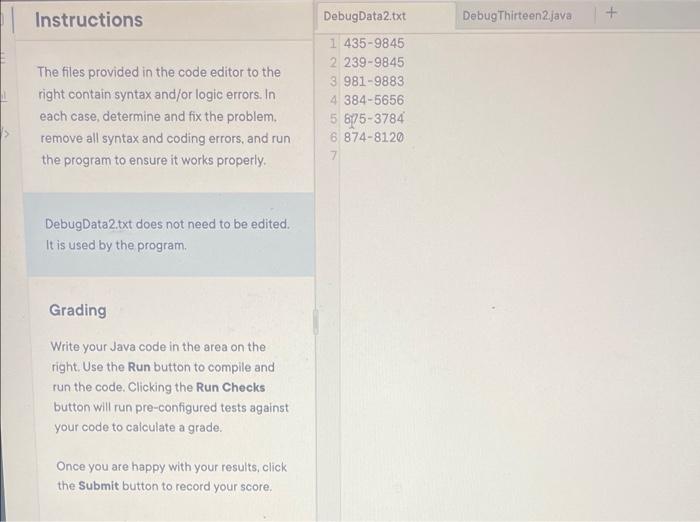 Solved DebugData2.txt Instructions Debug Thirteen2java + The | Chegg.com