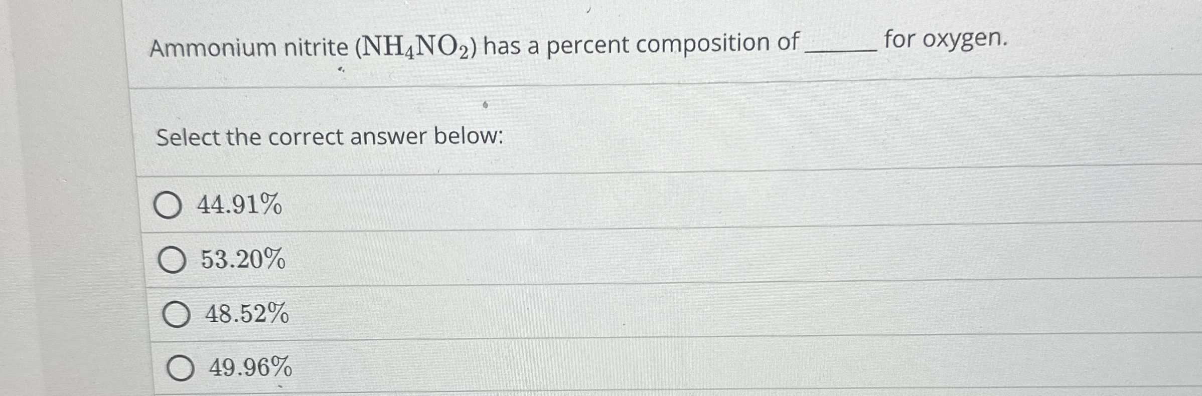 Ammonium nitrite (NH4NO2) ﻿has a percent composition | Chegg.com