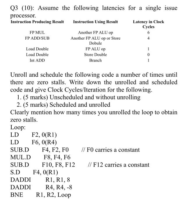 Q3 (10): Assume the following latencies for a single | Chegg.com
