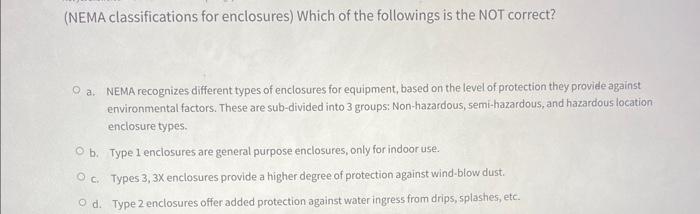 Solved (NEMA classifications for enclosures) Which of the | Chegg.com