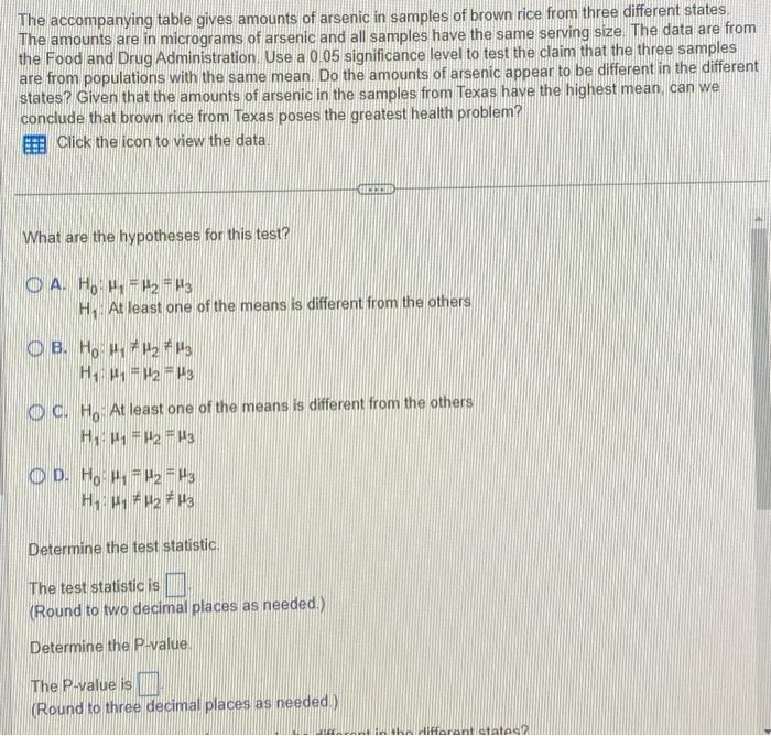 Solved The accompanying table gives amounts of arsenic in | Chegg.com