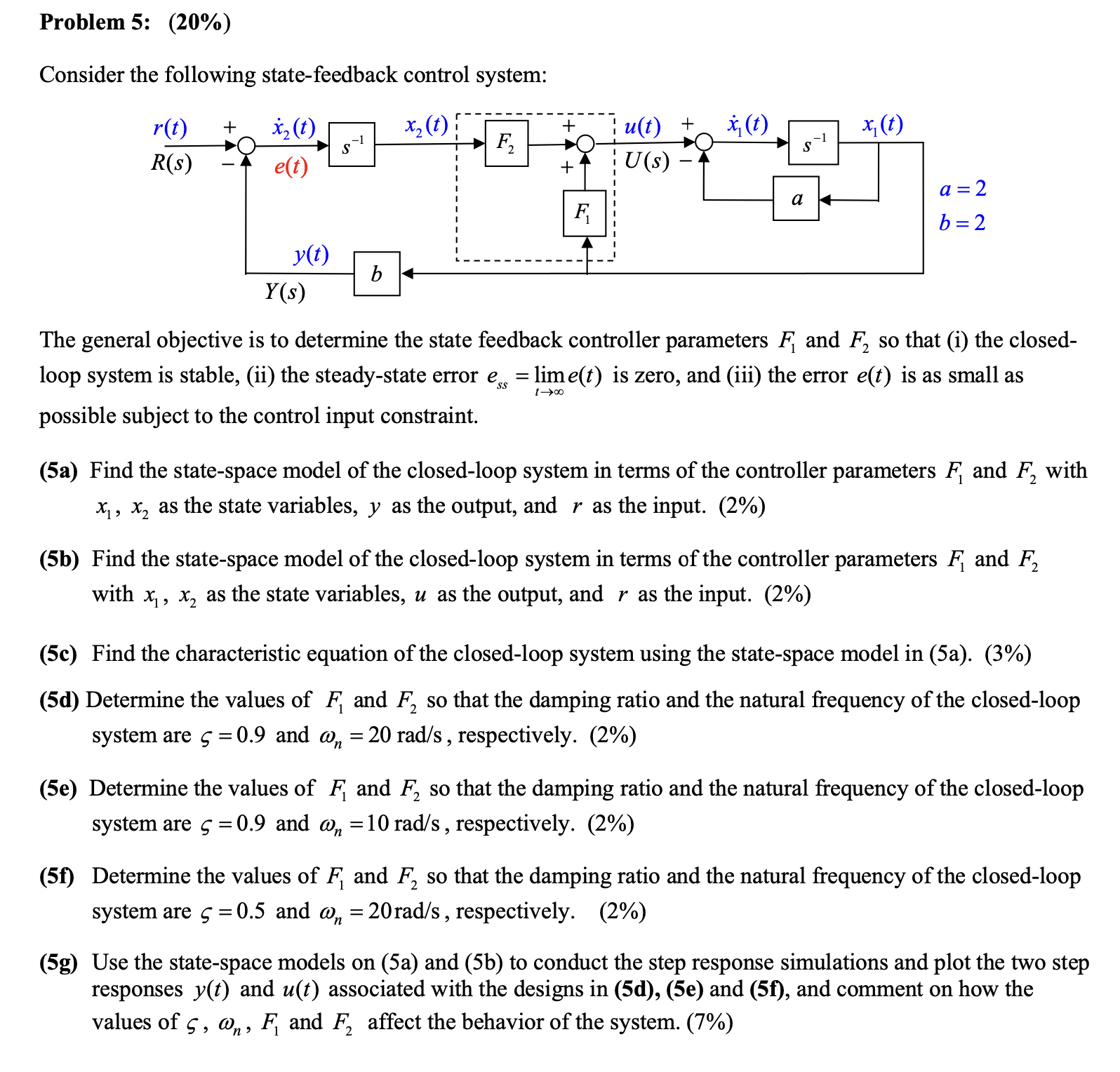 Solved Consider the following state-feedback control | Chegg.com