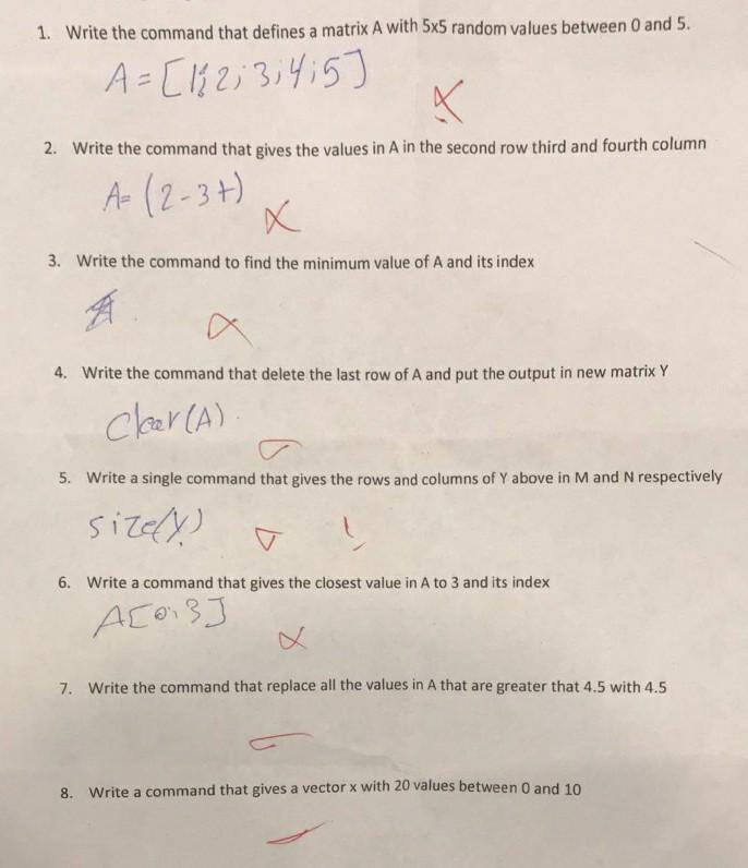 Solved 1. Write the command that defines a matrix A with 5x5 | Chegg.com