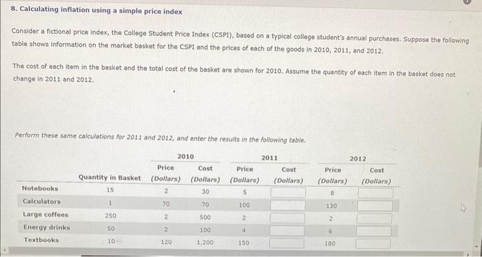 Solved 8. Calculating inflation using a simple price index | Chegg.com