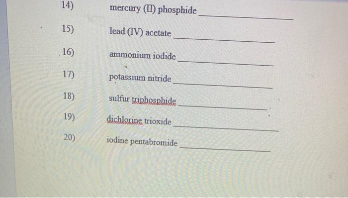 Solved 14) mercury (II) phosphide 15) lead (IV) acetate 16) | Chegg.com