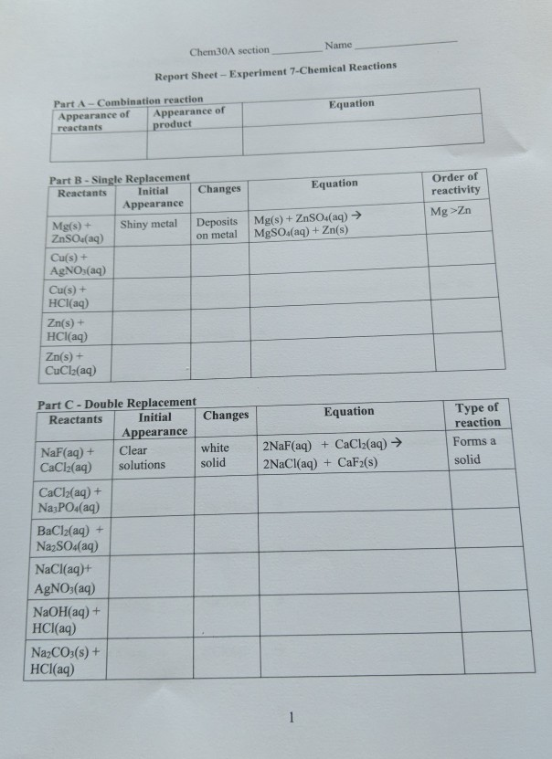 Chem.30A section Name Report Sheet - Experiment | Chegg.com