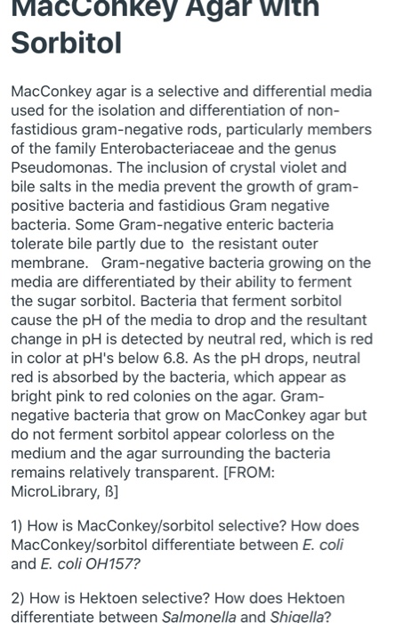 Solved MacConkey Agar with Sorbitol MacConkey agar is a | Chegg.com