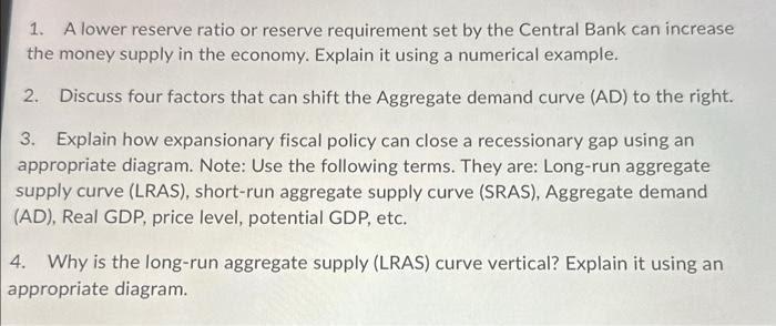 Solved 1. A lower reserve ratio or reserve requirement set | Chegg.com