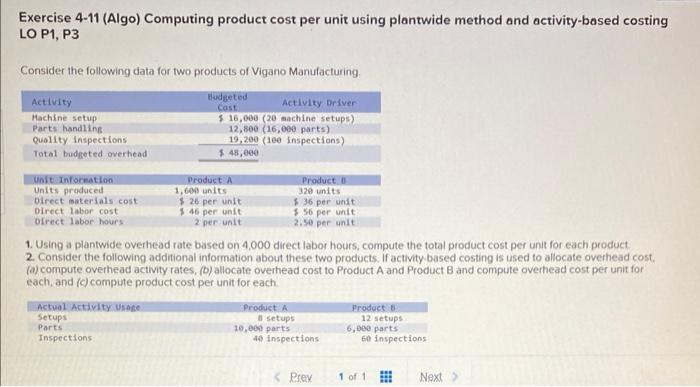 Solved Exercise 4-11 (Algo) Computing product cost per unit | Chegg.com