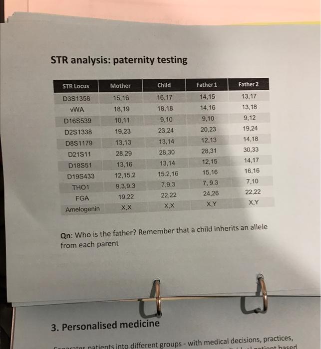 Solved STR analysis: paternity testing Child Father 1 Father | Chegg.com