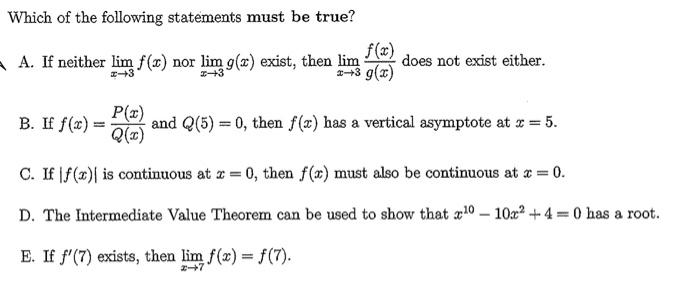 Solved Which of the following statements must be true? A. If | Chegg.com