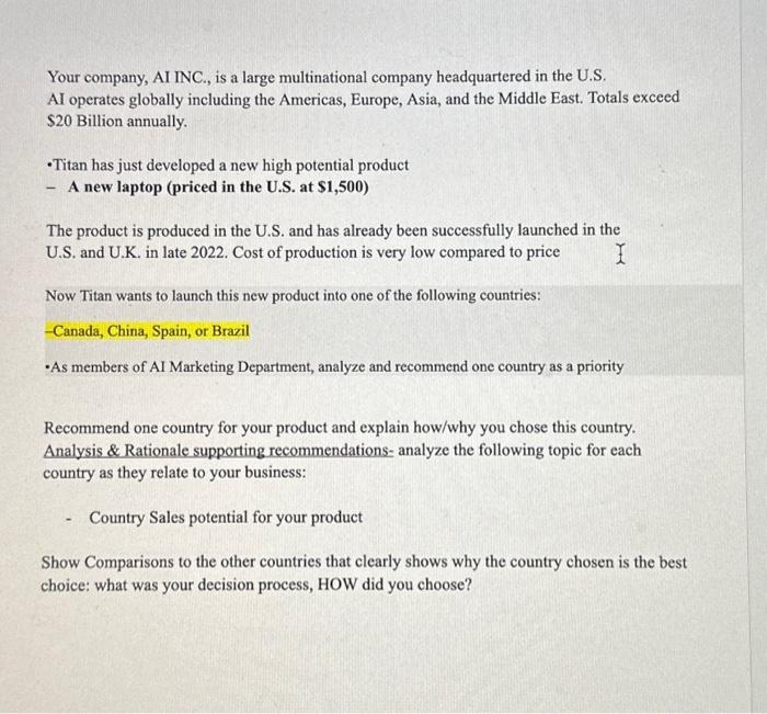 Solved Your company, AI INC., is a large multinational | Chegg.com