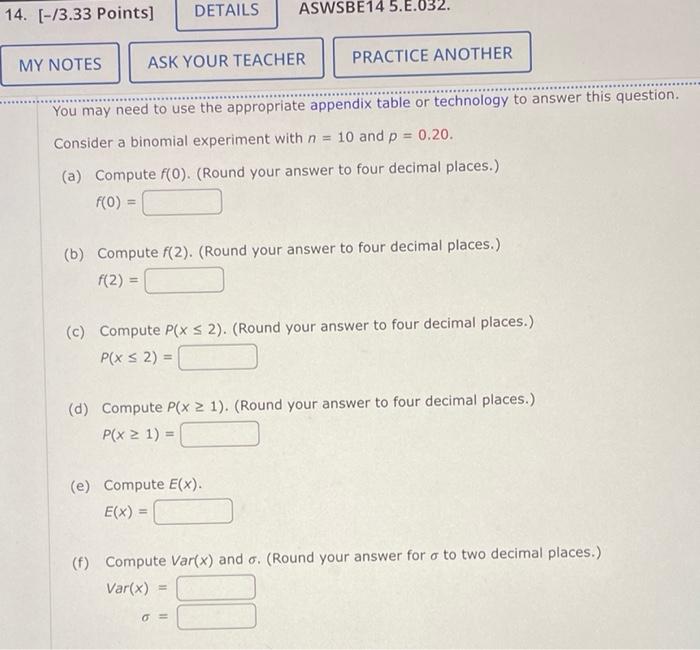 Solved 14. [-13.33 Points] DETAILS ASWSBE14 5.E.032. MY | Chegg.com