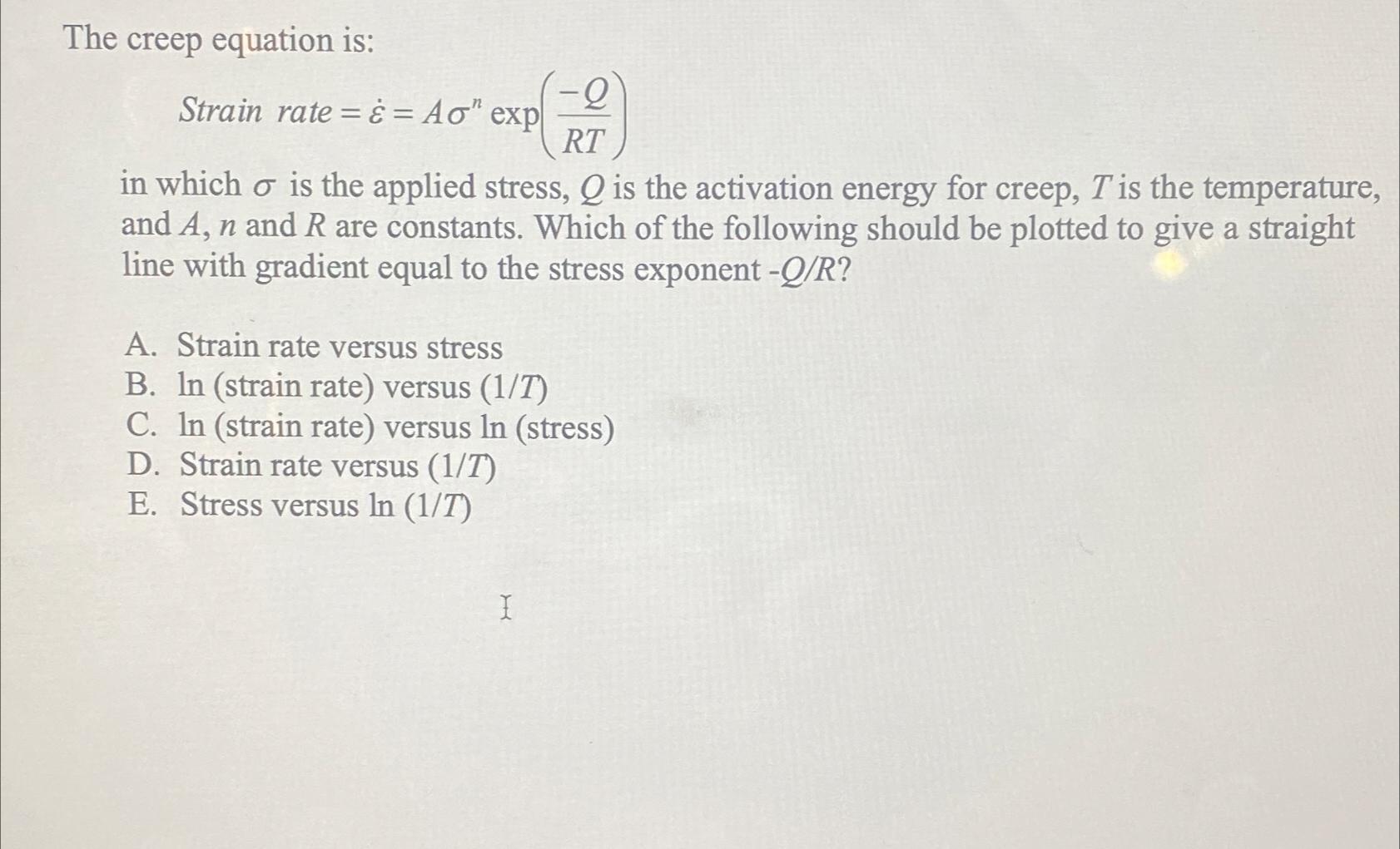 Solved The creep equation is: ﻿Strain rate | Chegg.com