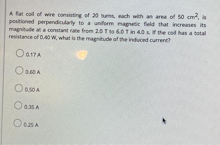 Solved A flat coil of wire consisting of 20 turns, each with | Chegg.com