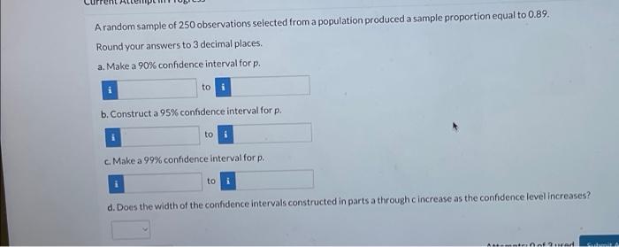 Solved A random sample of 250 observations selected from a | Chegg.com