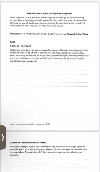 Personal Code of Ethies Pre-Requisite Assignment In | Chegg.com